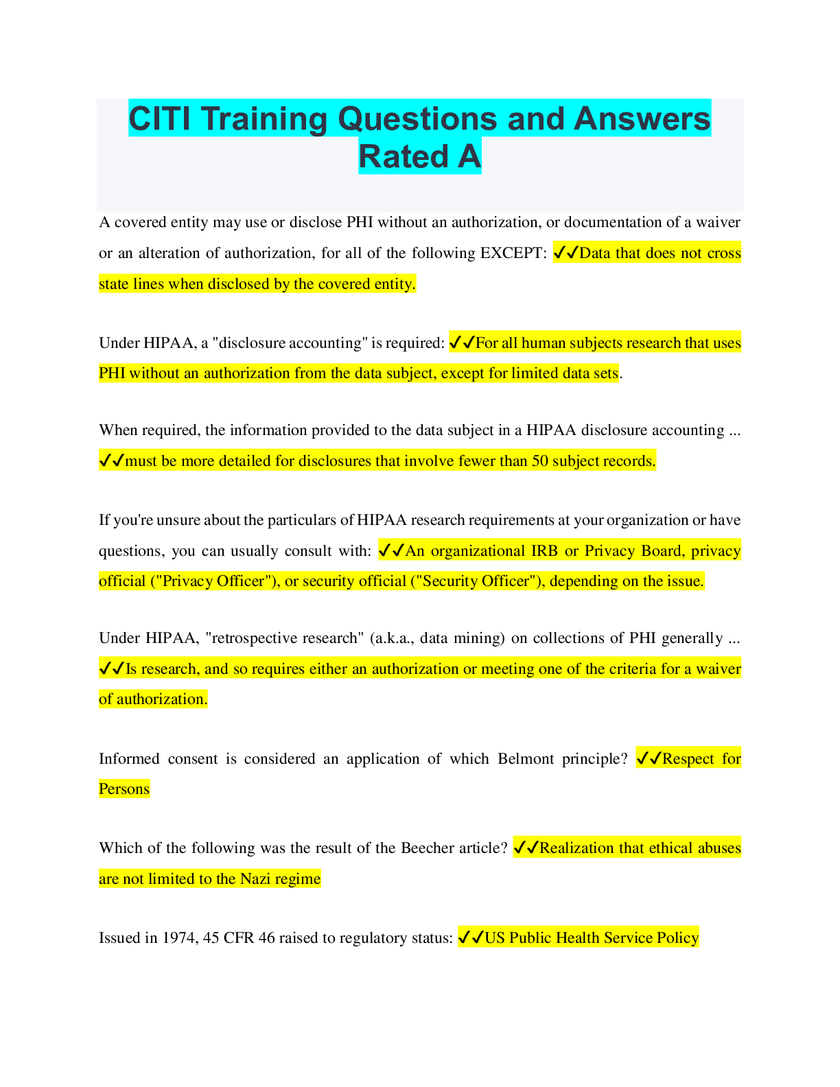 CITI Training Questions and Answers Rated A - Scholarfriends