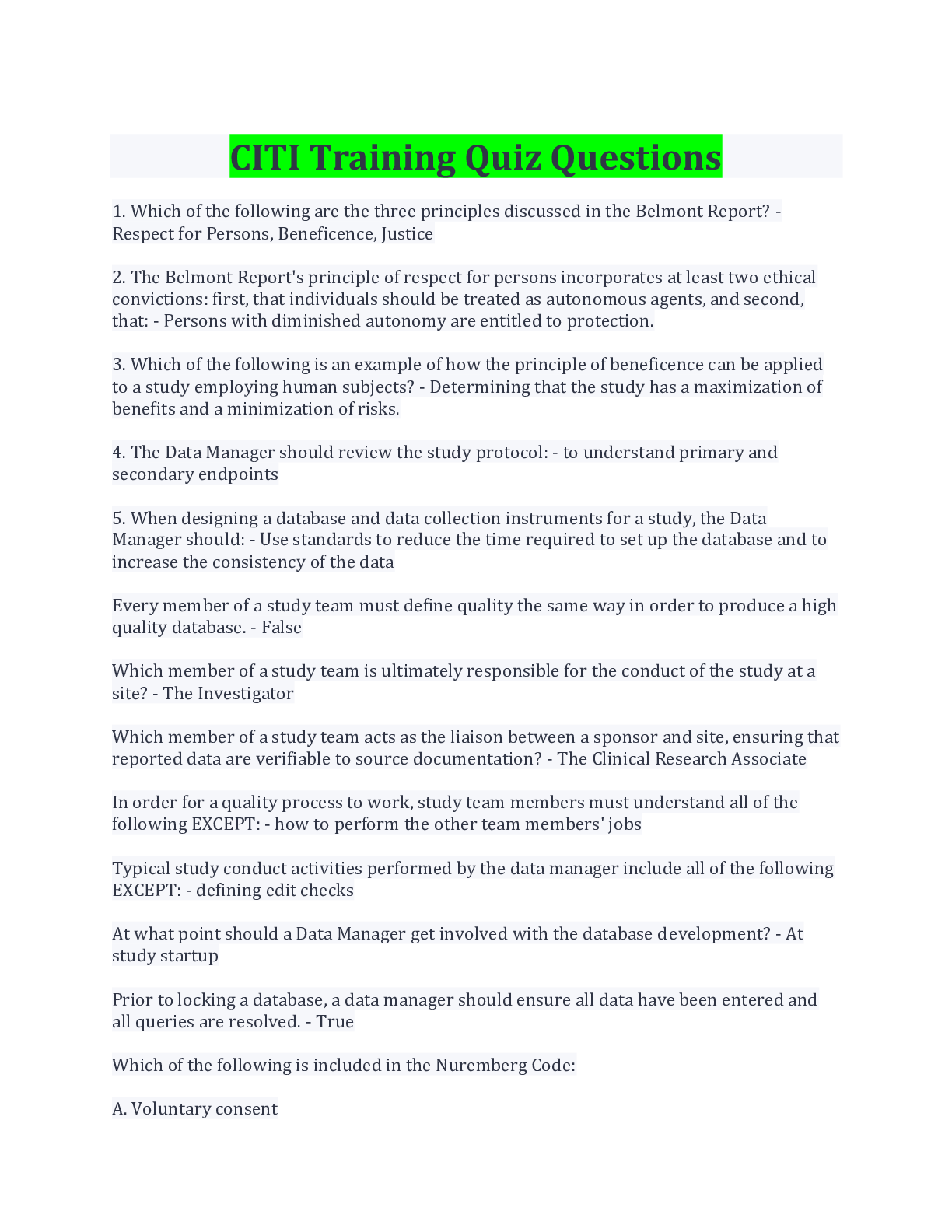 CITI Training Quiz Questions And Answers With Complete Solution Rated A ...