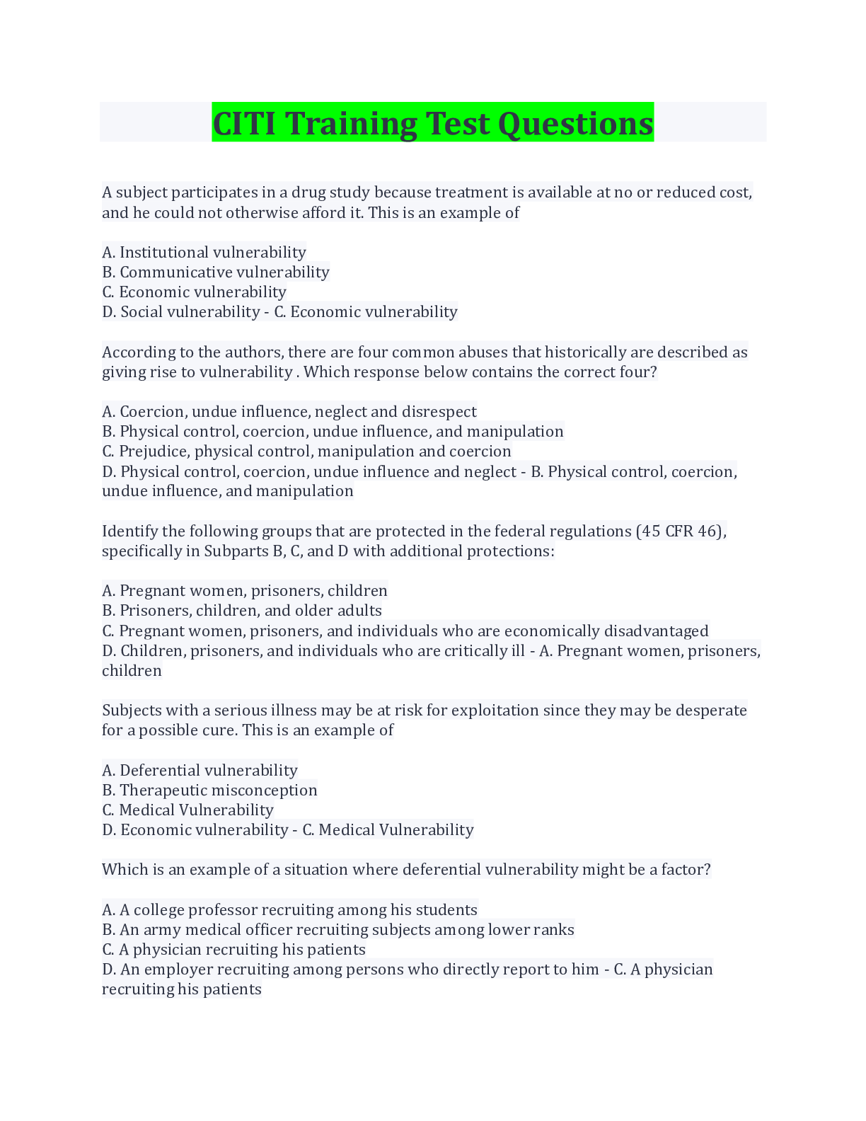 CITI Training Test Questions And Answers Multiple Choices With Complete ...