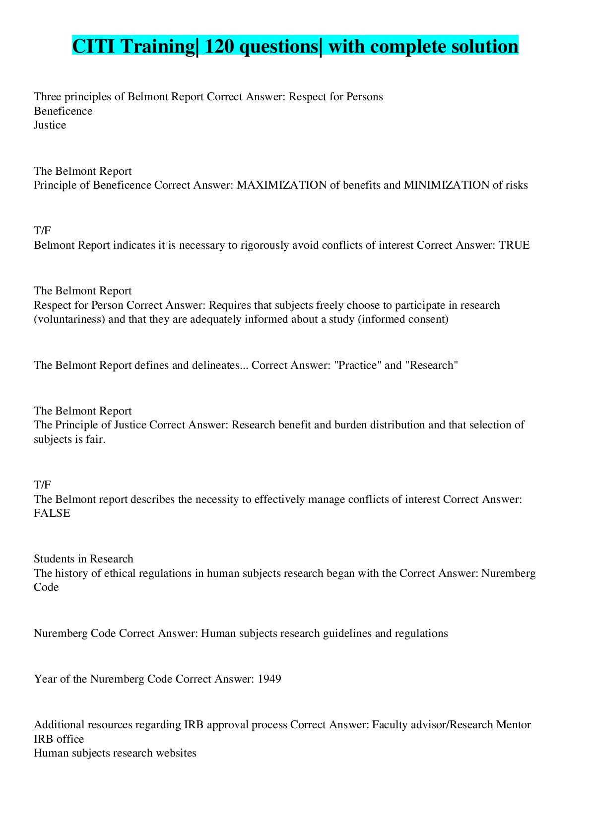CITI Training, Modules 1-24 (Biomedical Research) Questions and Answers ...