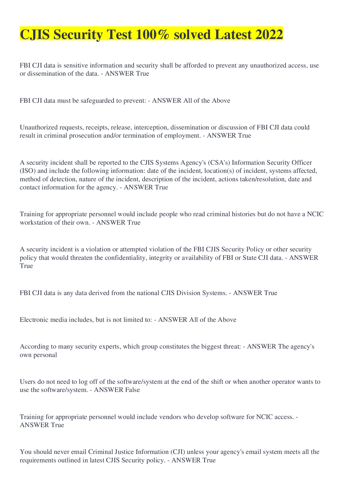 CJIS Security Test 100% solved Latest 2022 - Scholarfriends