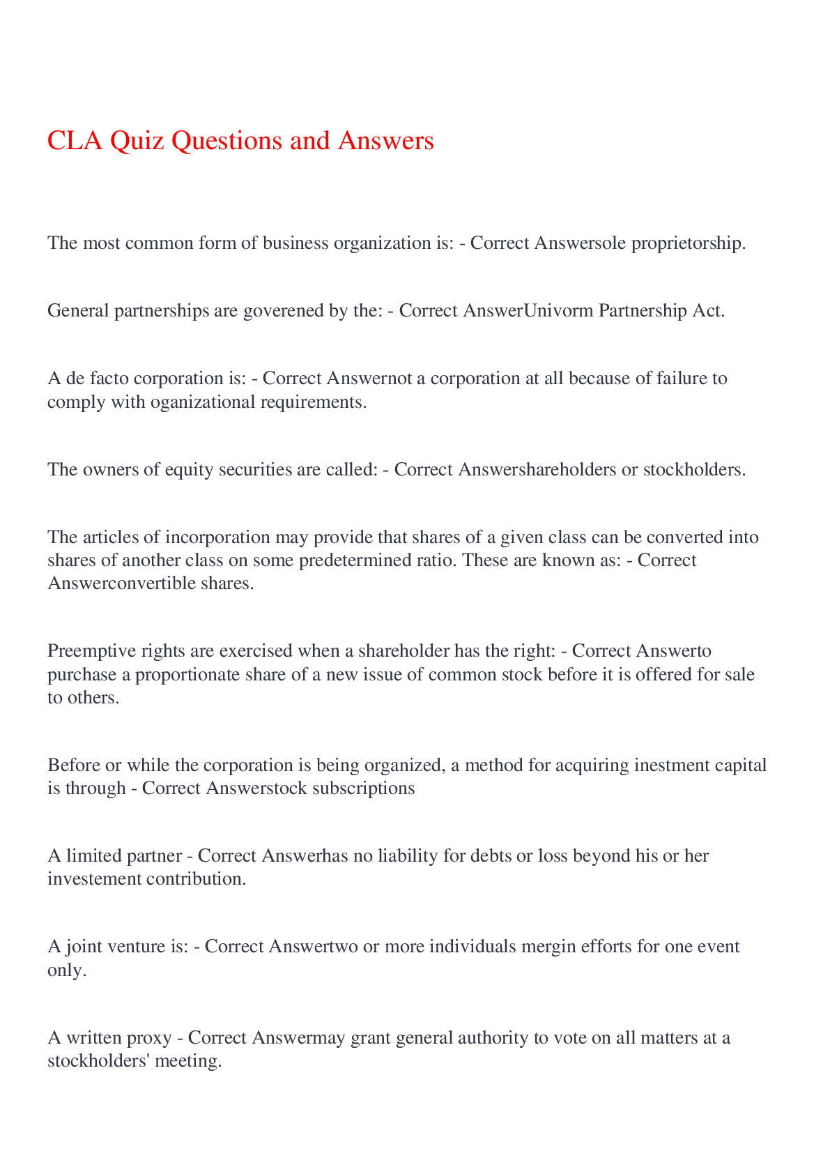 CLA Quiz Questions and Answers ,100% CORRECT - Scholarfriends