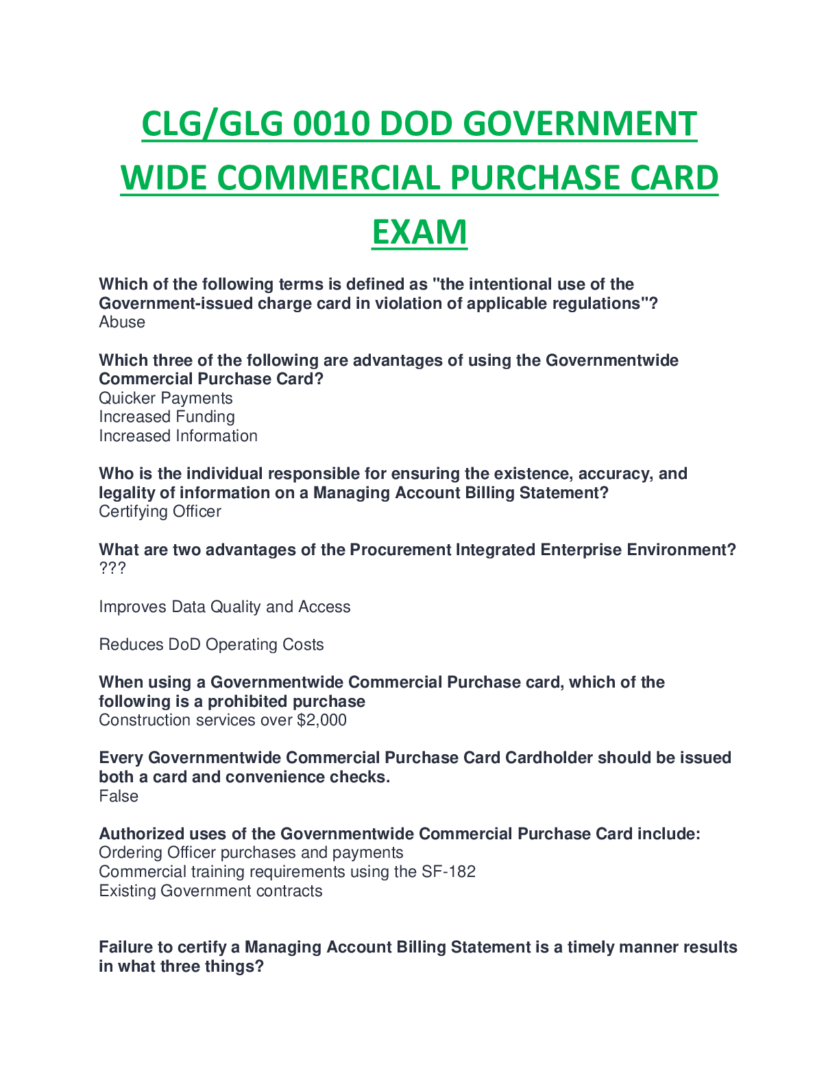 CLG/GLG 0010 0010 DOD GOVERNMENT WIDE COMMERCIAL PURCHASE CARD EXAM 100 ...
