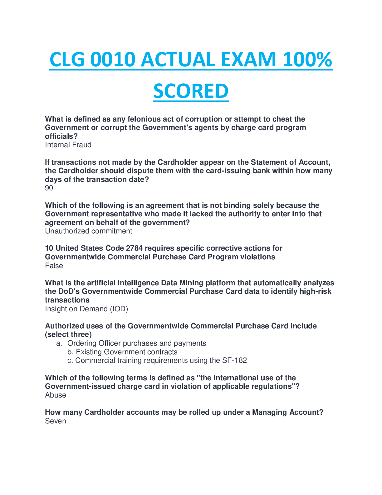 CLG 0010 ACTUAL FINAL EXAM 100% SCORED COMPLETE GUIDE SOLUTION ...