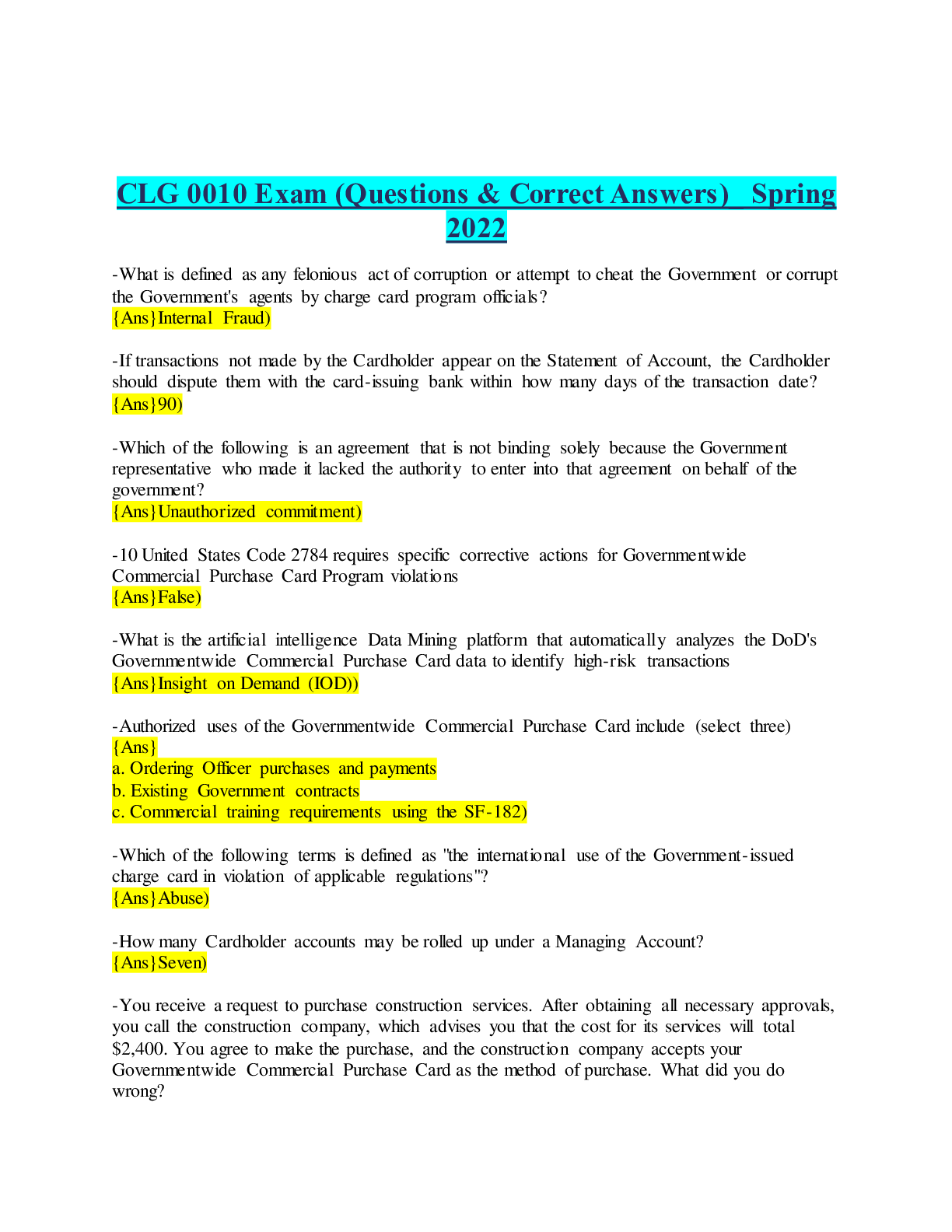 CLG 0010 Exam (Questions & Correct Answers)_ Spring 2022 - Scholarfriends