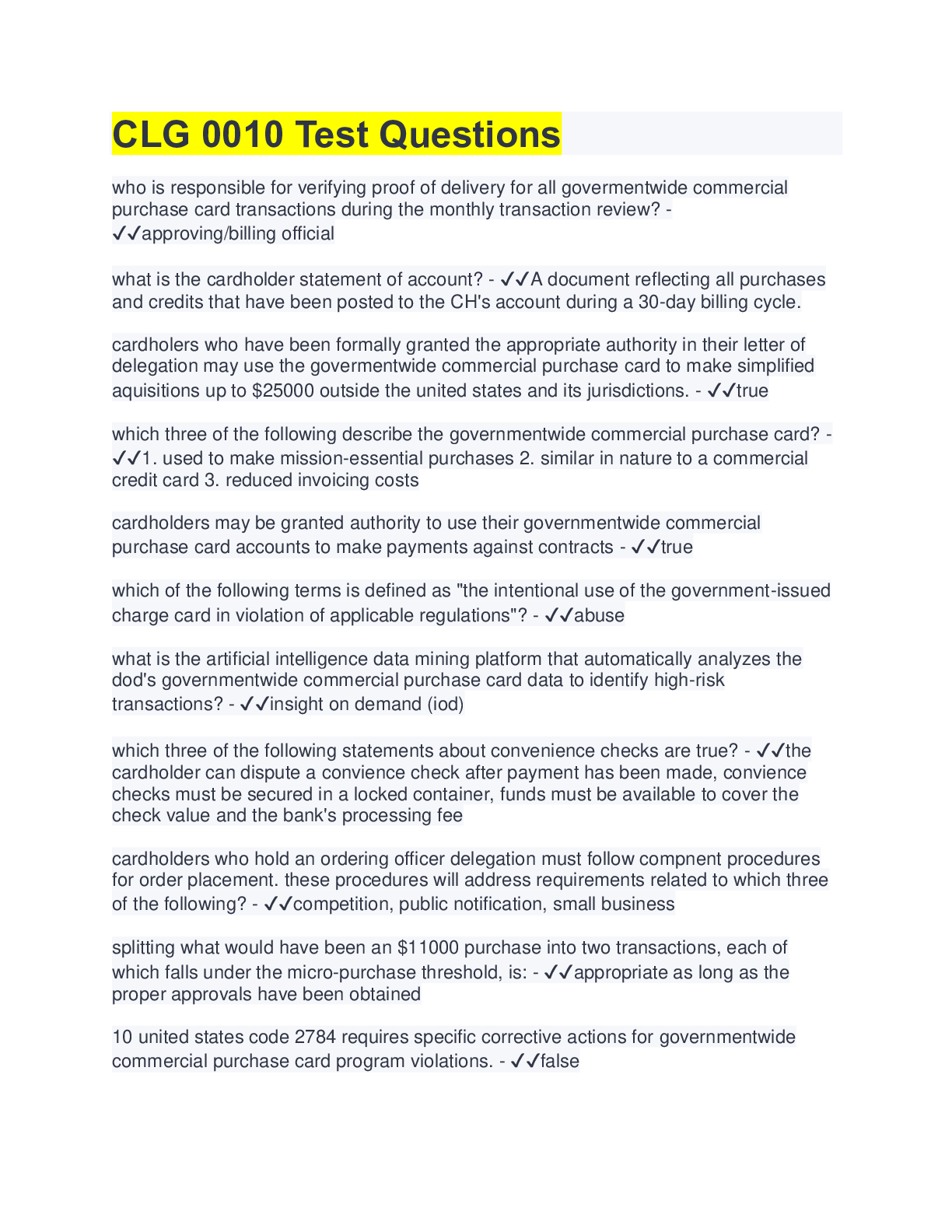 Defence Acquisition University CLG 0010 Test Questions | 100% Correct ...