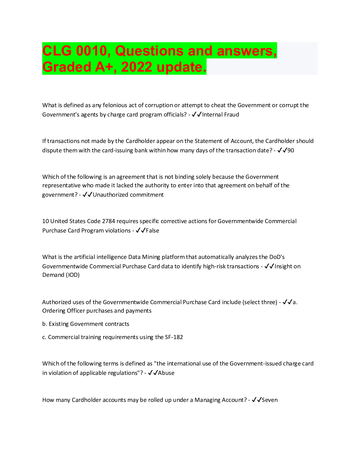 CLG 0010 EXAM QUESTIONS AND ANSWERS (2022) – Scholarfriends ...