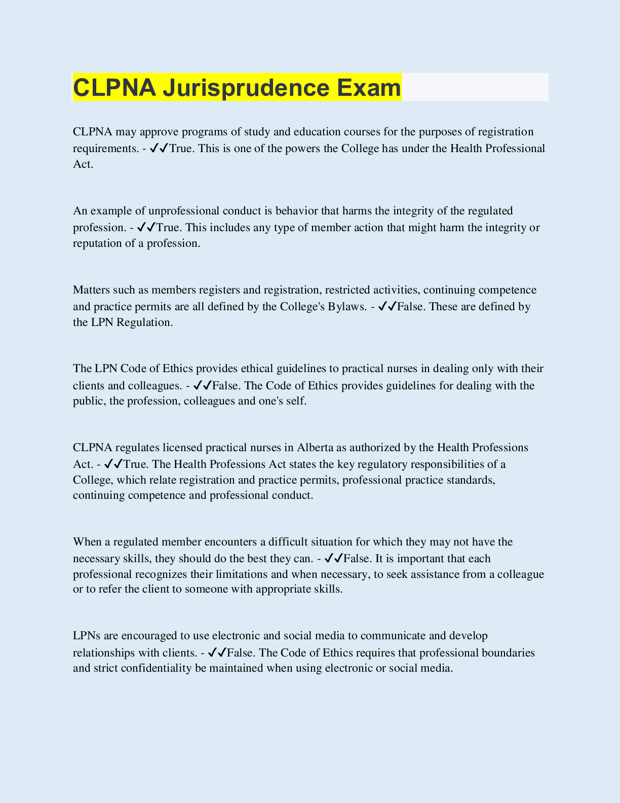 CLPNA Jurisprudence Exam | 175 Questions with 100% Correct Answers ...