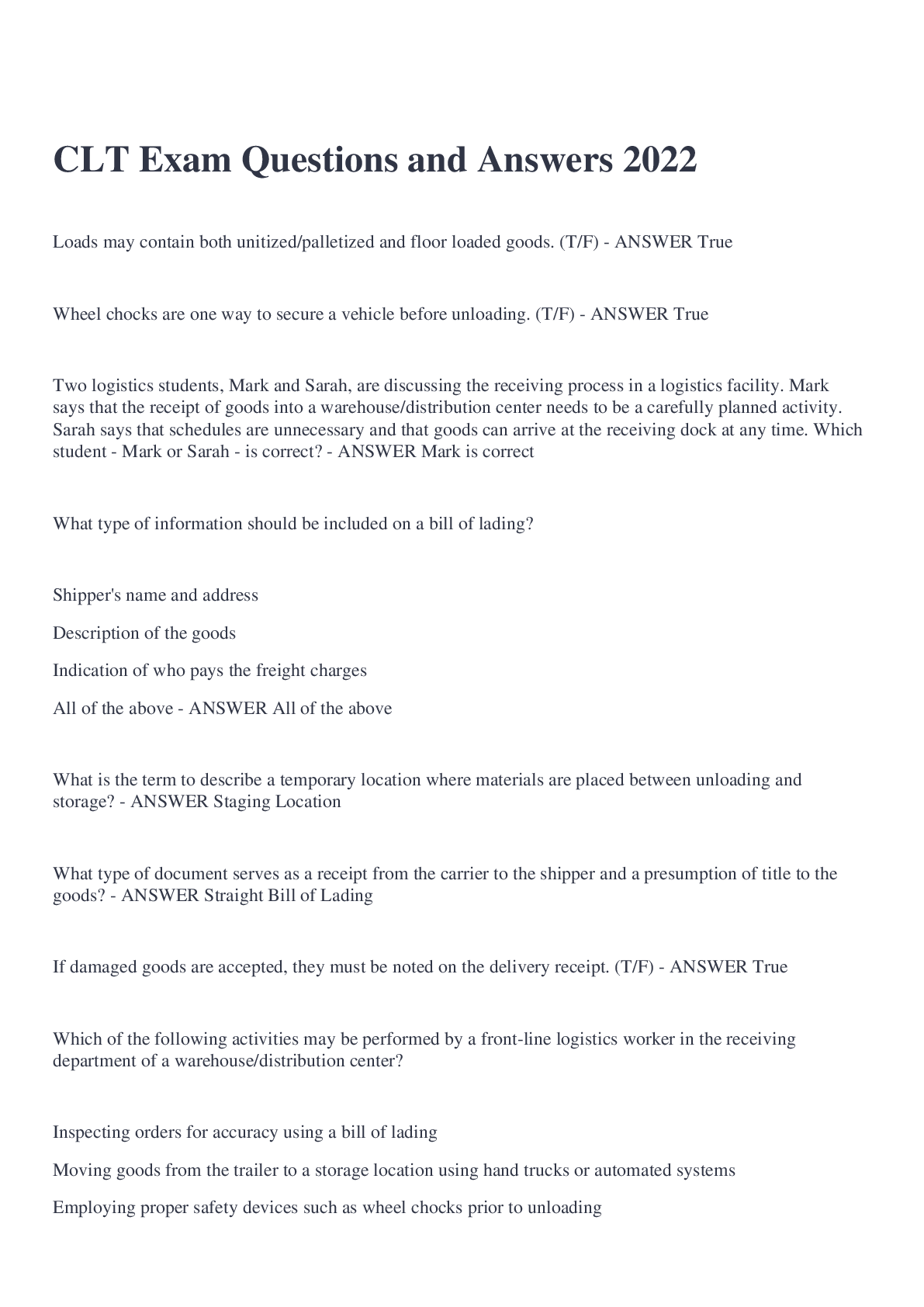 CLT Exam Questions and Answers 2022 - Scholarfriends