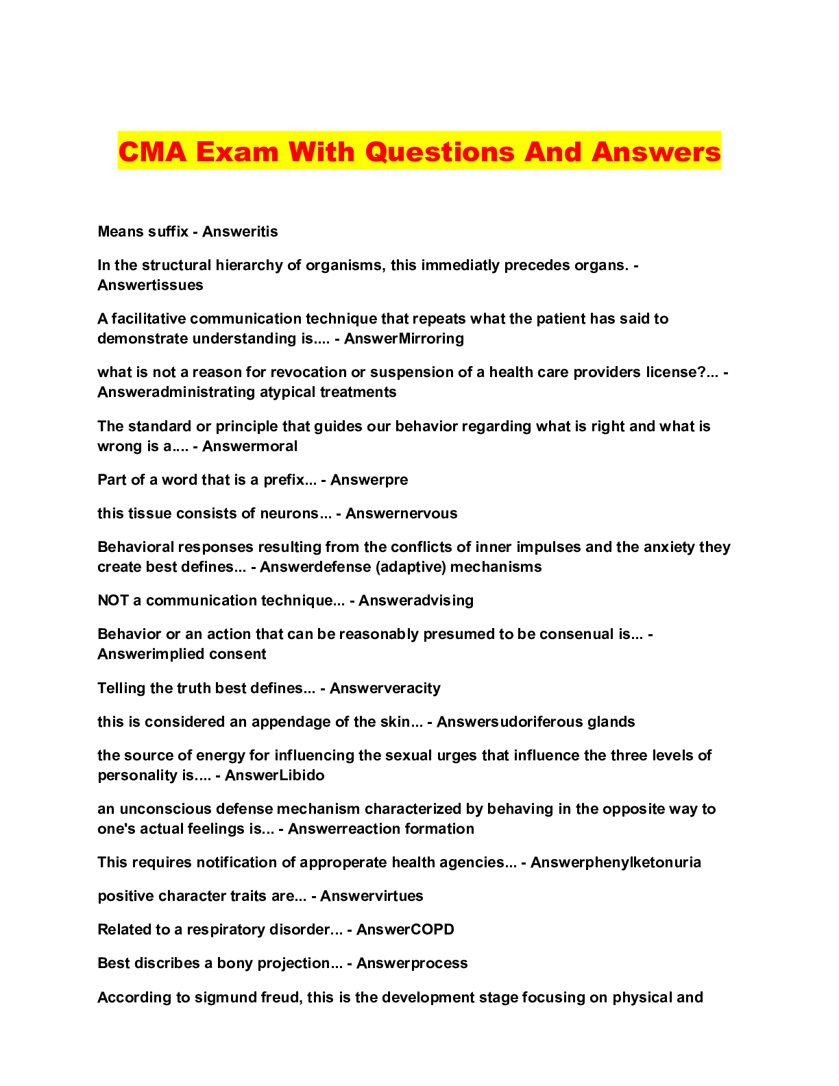 CMA Exam With Questions And Answers - Scholarfriends