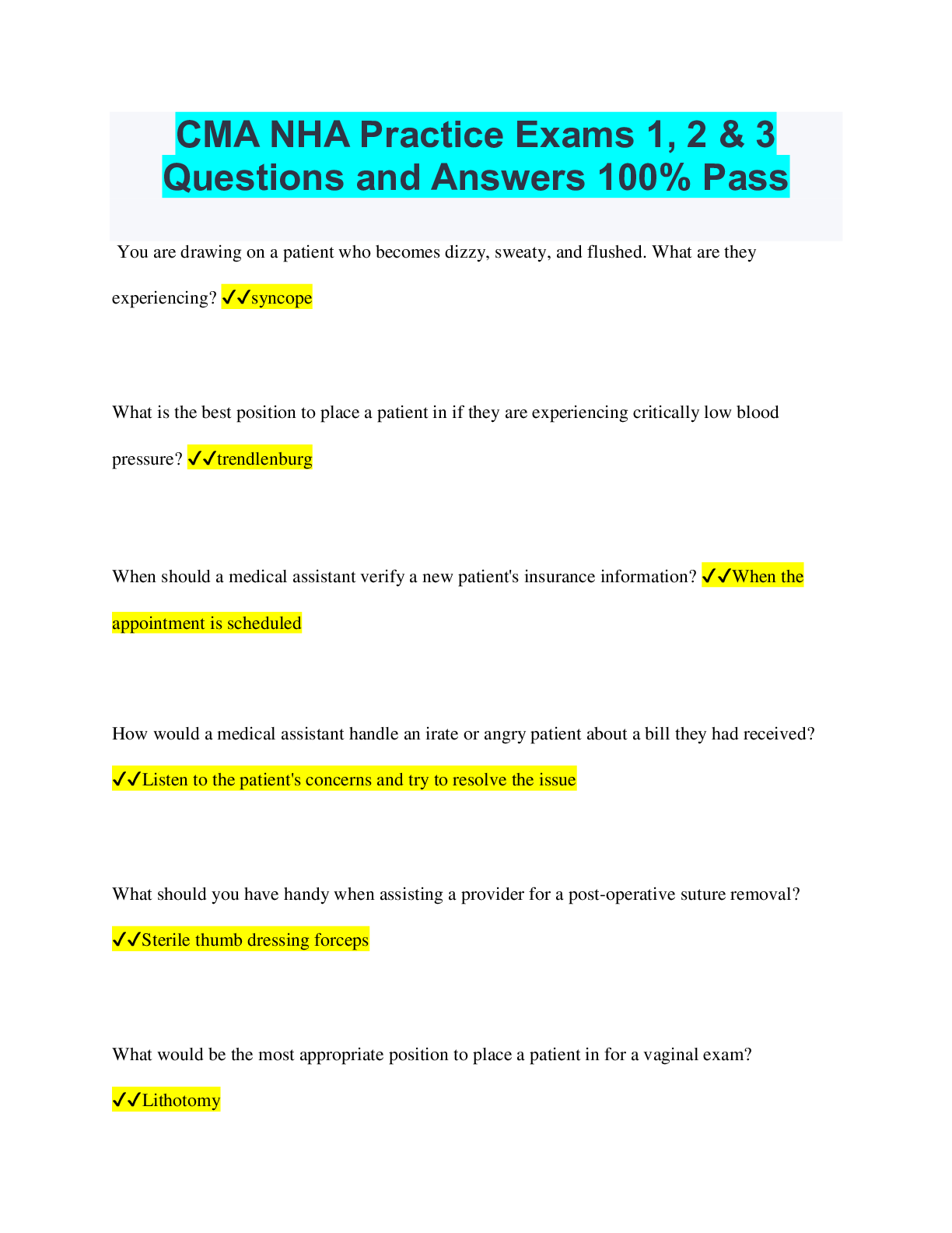 CMA NHA Practice Exams 1, 2 & 3 Questions and Answers 100% Pass ...