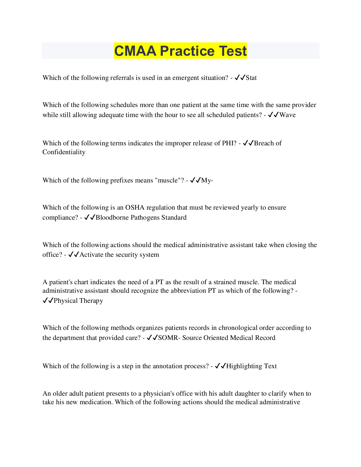 CMAA Practice Test (110 Questions with 100% Correct Answers ...