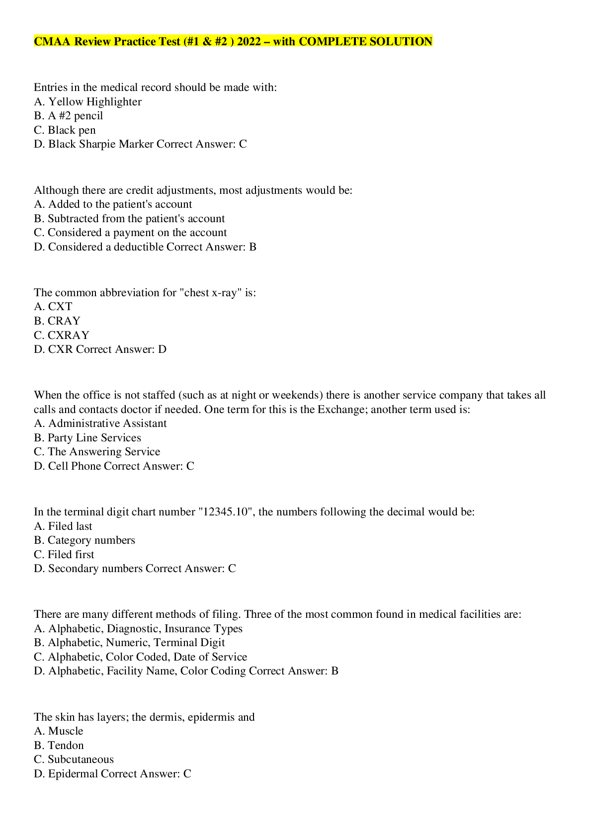 CMAA Review Practice Test (#1 & #2 ) 2022 – with COMPLETE SOLUTION ...