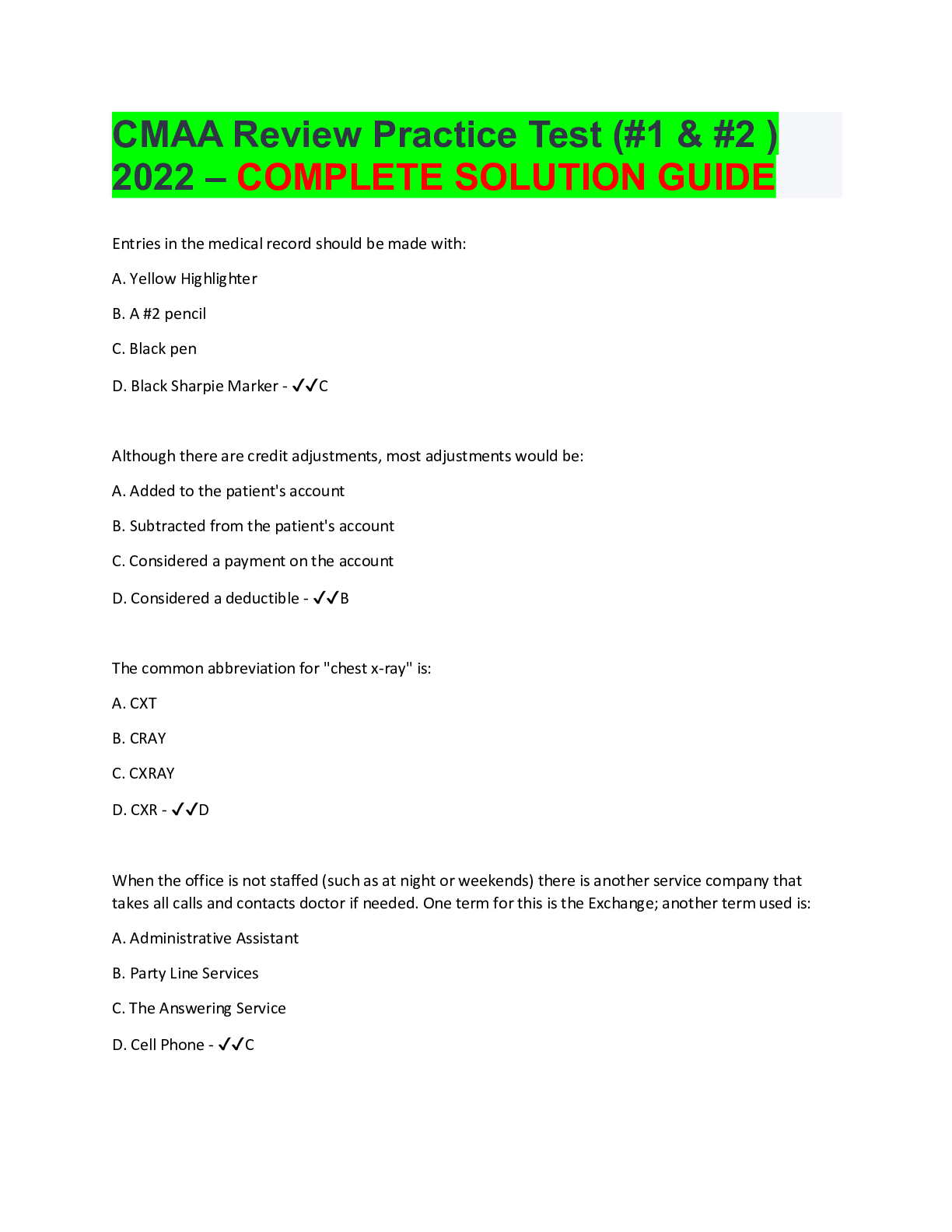 CMAA Review Practice Test (#1 & #2 ) 2022 – COMPLETE SOLUTION GUIDE ...