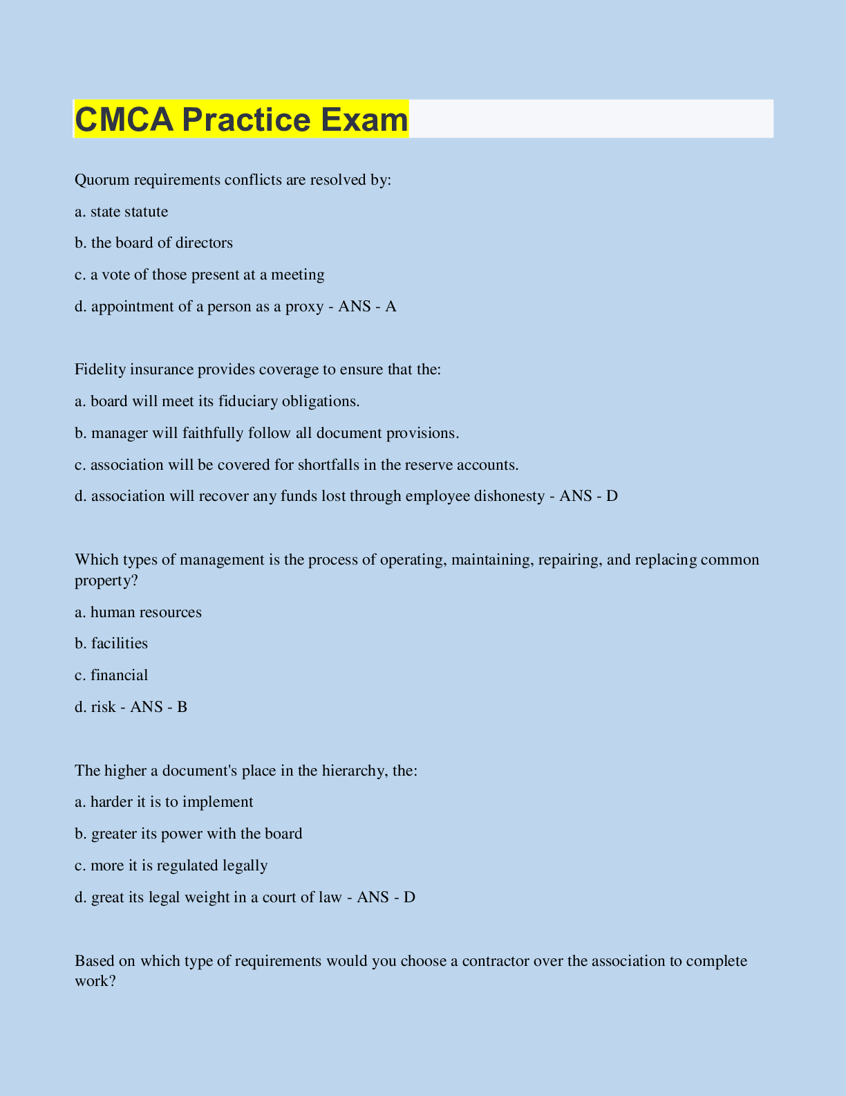 CMCA Practice Exam | 150 Questions with 100% Correct Answers (Mostly ...