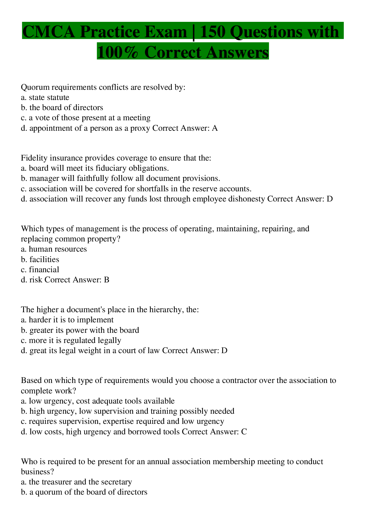 CMCA Practice Exam | 150 Questions with 100% Correct Answers ...