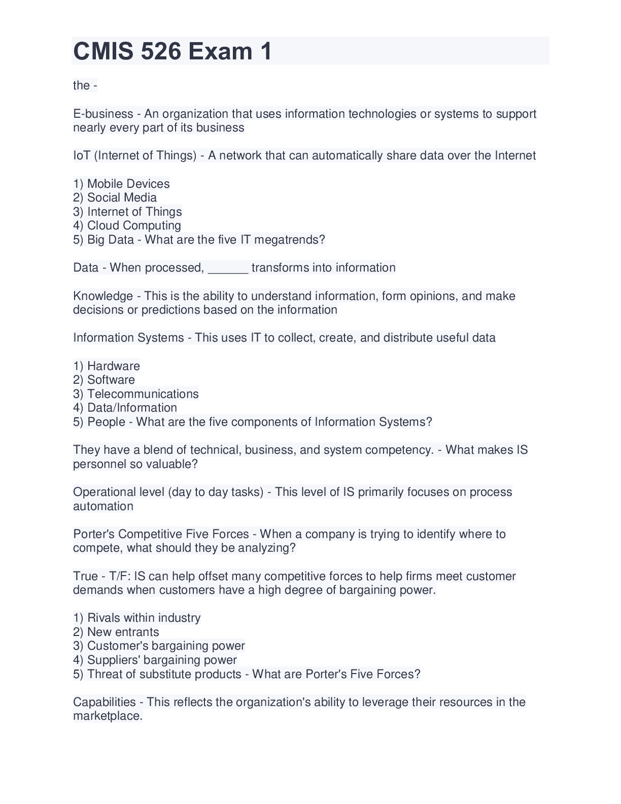 CMIS 526 Exam 1 - Scholarfriends