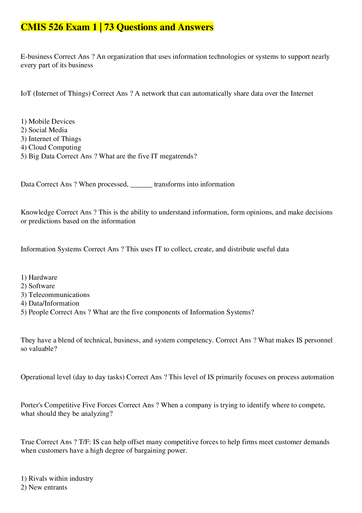 CMIS 526 Exam 1 | 73 Questions and Answers - Scholarfriends