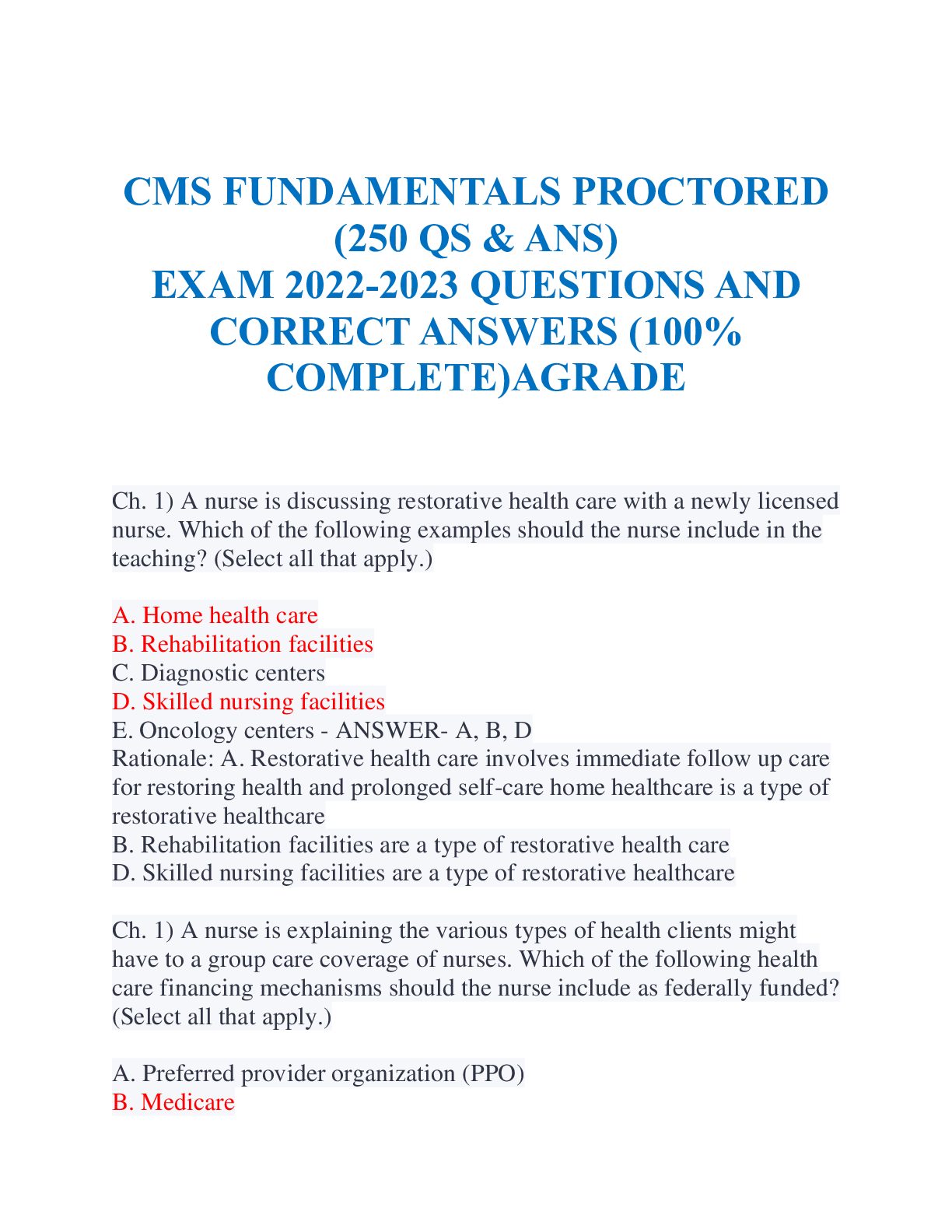 CMS FUNDAMENTALS PROCTORED (250 QS & ANS) EXAM 2022-2023 QUESTIONS AND ...