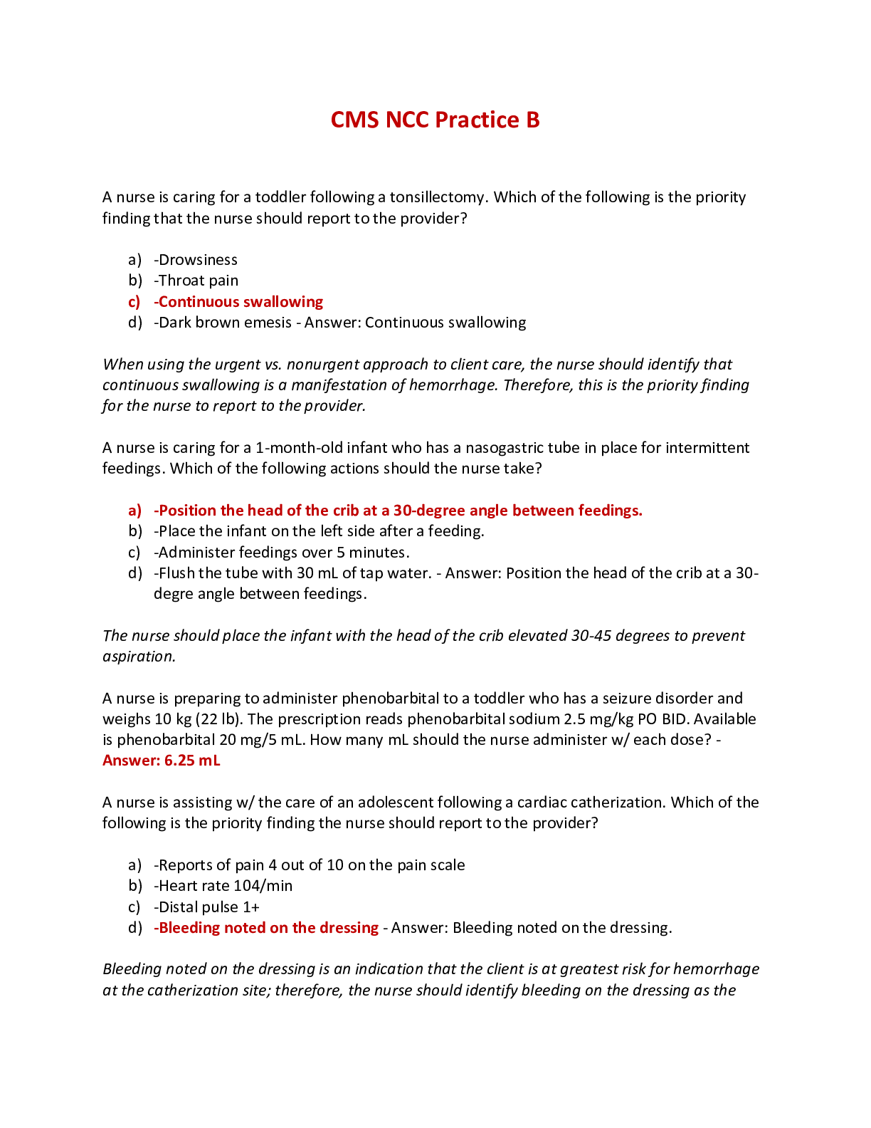 CMS NCC Practice B - Questions, Answers and Rationales – Scholarfriends ...