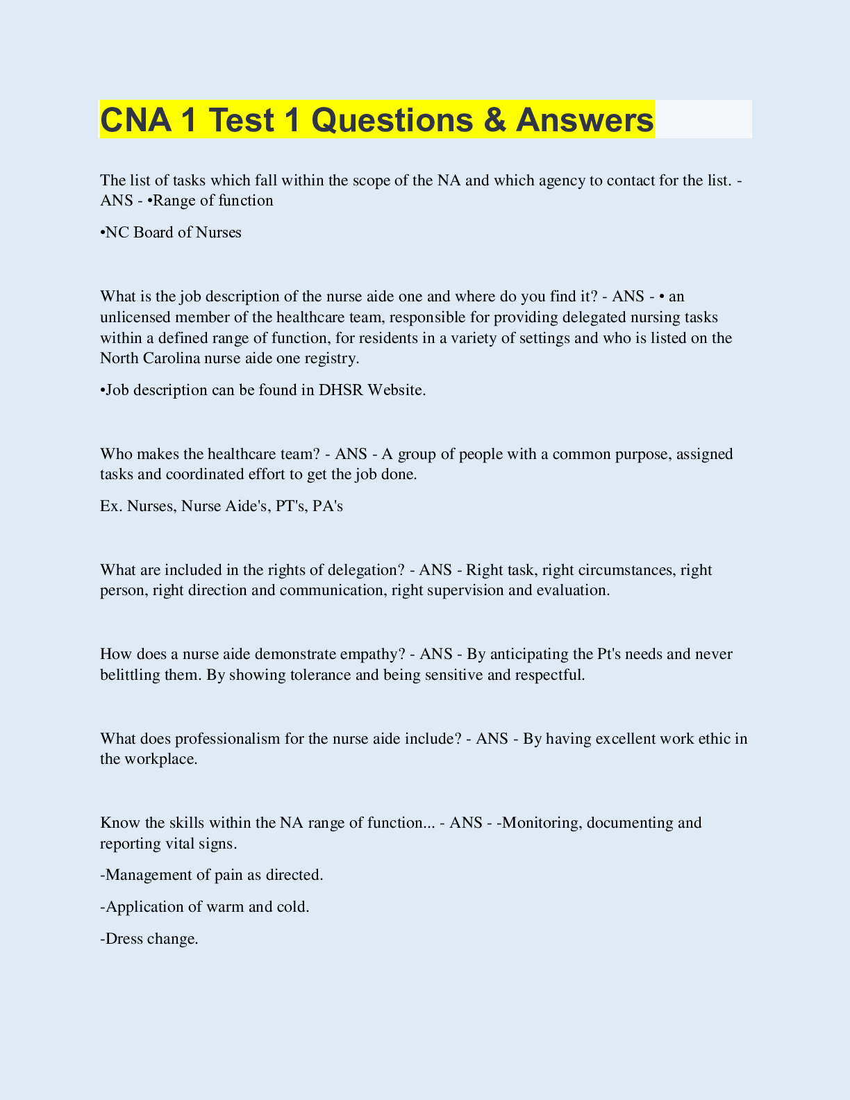 CNA 1 Test 1 Questions & Answers | 50 Questions with 100% Correct ...