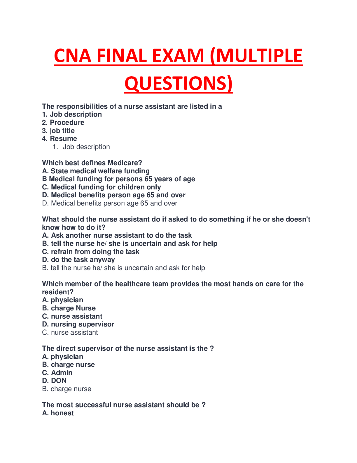 CNA FINAL EXAM CORRECTLY ANSWERED MULTIPLE QUESTIONS COMPLETE SPRING ...