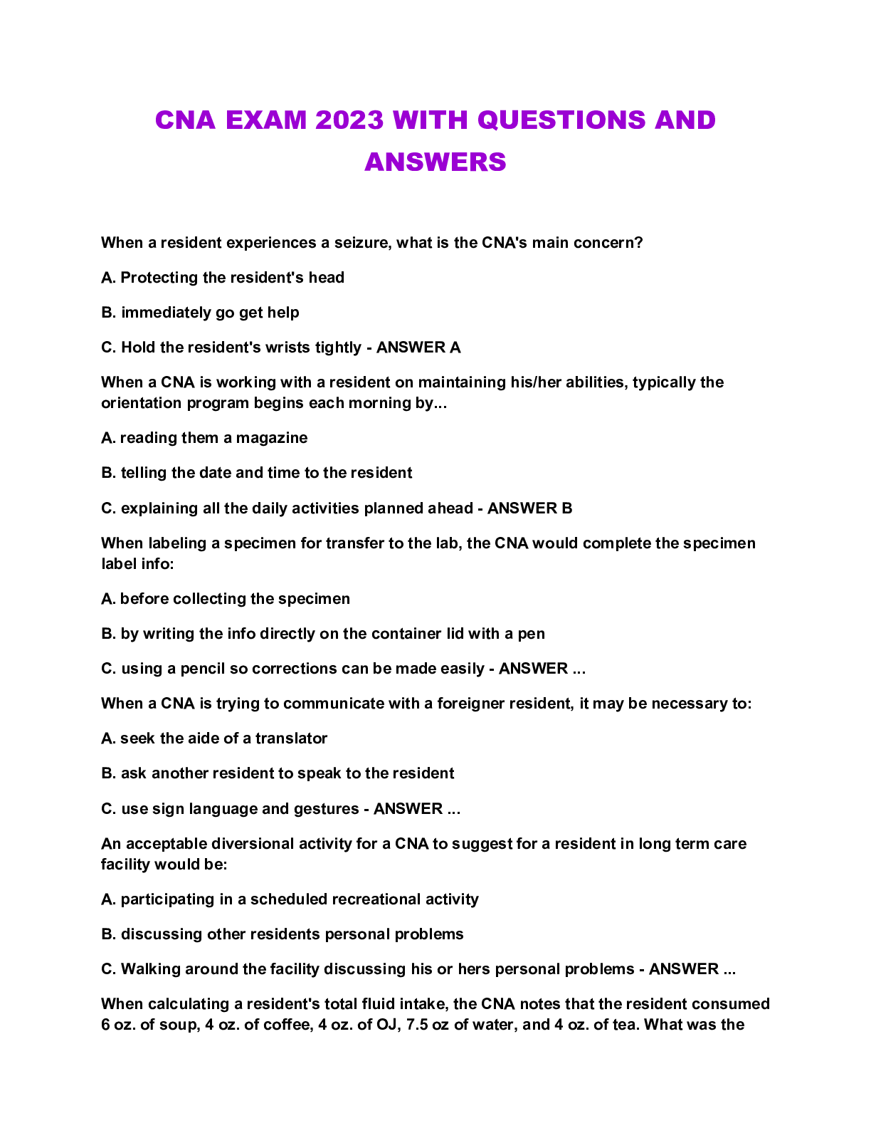 CNA EXAM 2023 WITH QUESTIONS AND ANSWERS – Scholarfriends - Scholarfriends