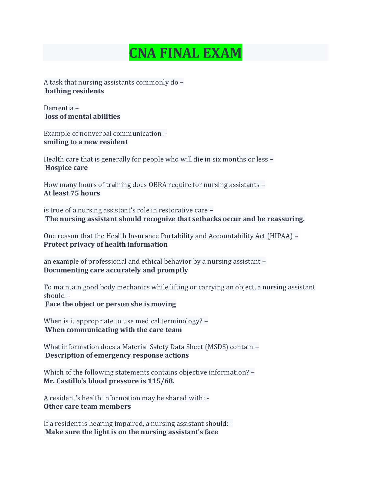 CNA FINAL EXAM QUESTIONS AND ANSWERS WITH COMPLETE TOP SOLUTION RATED A ...