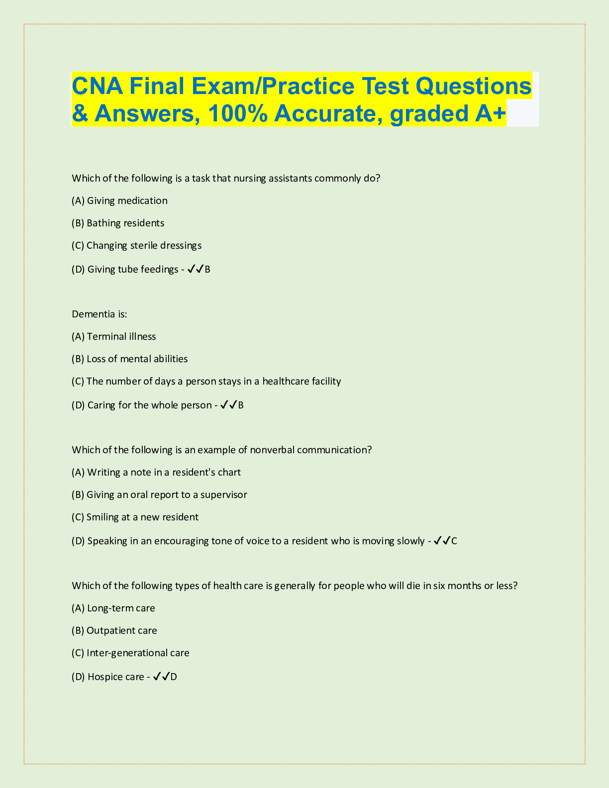 CNA Final Exam/Practice Test Questions & Answers, 100% Accurate, graded ...