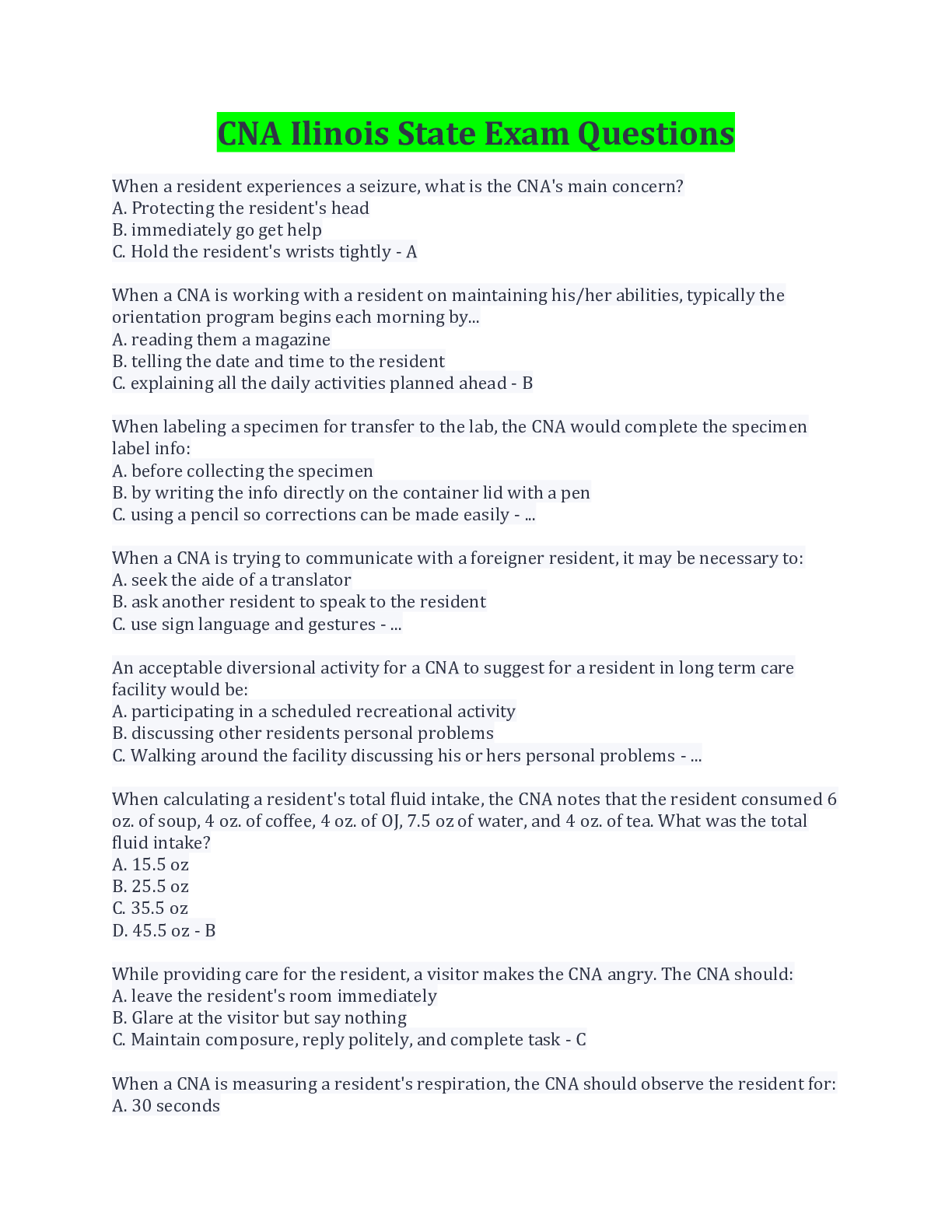 CNA Ilinois State Exam Multiple Choice Questions And Answers( With ...