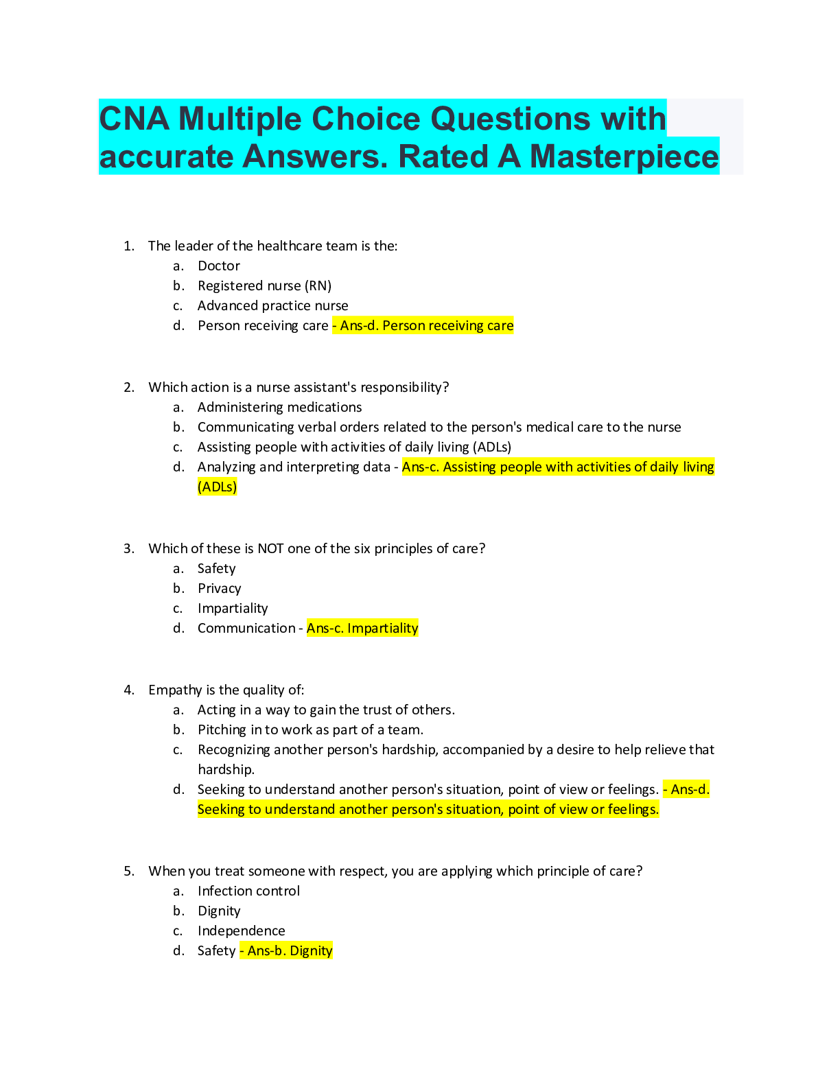CNA Multiple Choice Questions with accurate Answers. Rated A ...