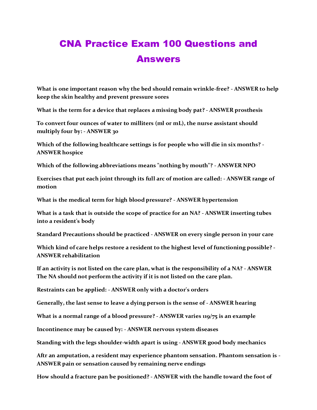 CNA Practice Exam 100 Questions and Answers - Scholarfriends