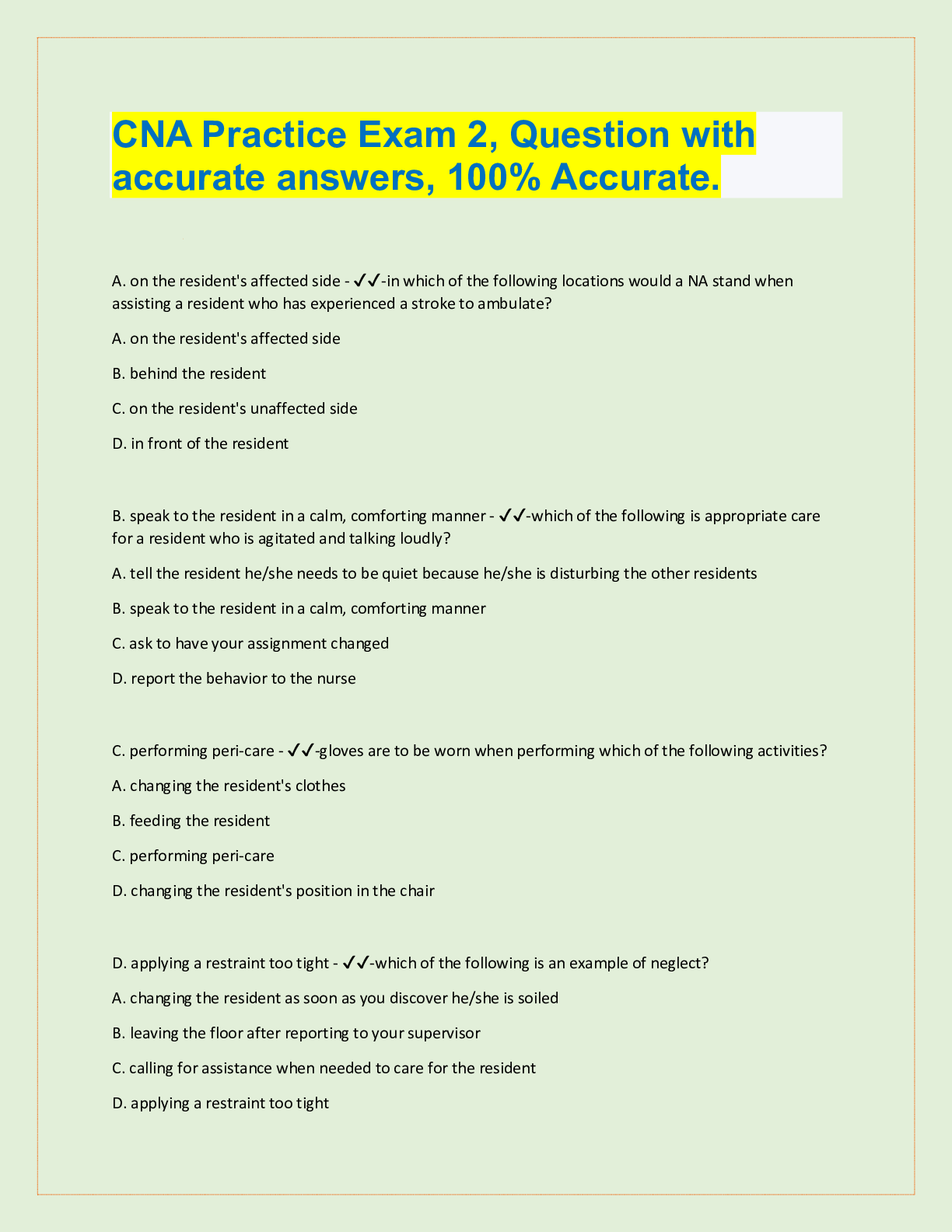 CNA Practice Exam 2| 75 QUESTIONS| WITH COMPLETE ANSWERS ...