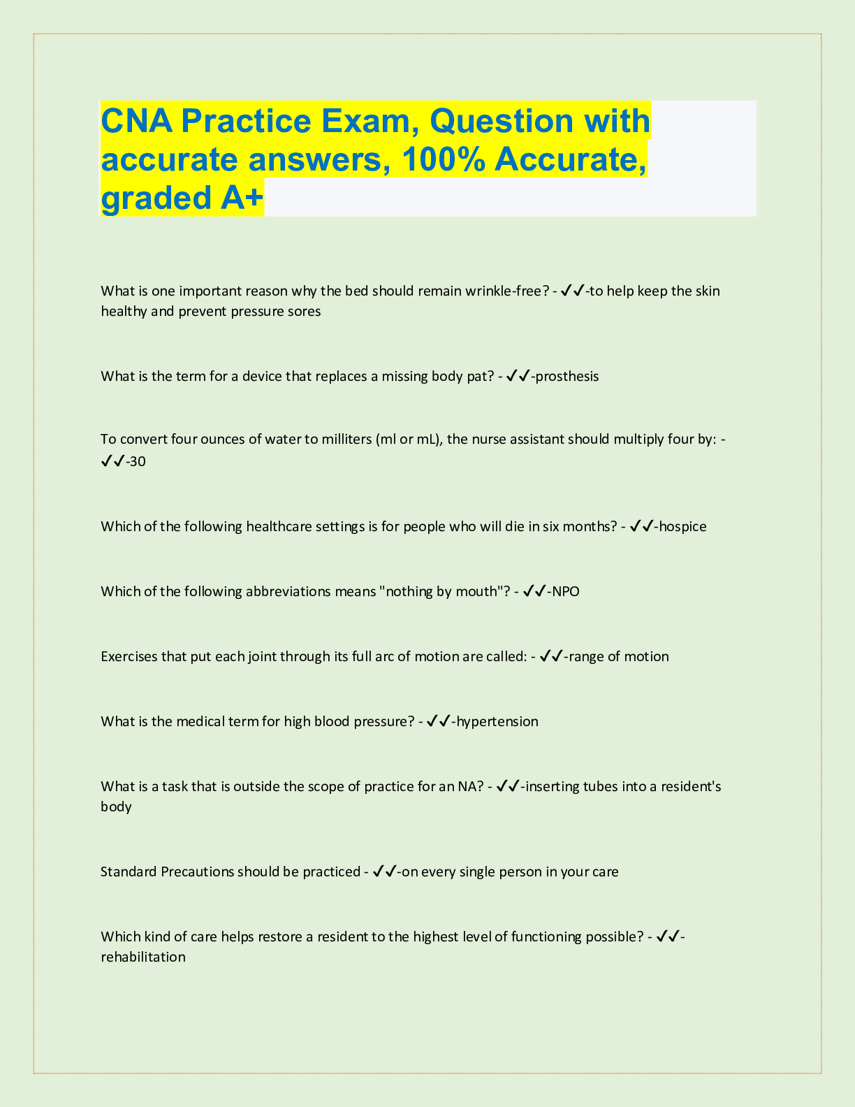CNA Practice Exam| 100 QUESTIONS| WITH COMPLETE SOLUTIONS - Scholarfriends