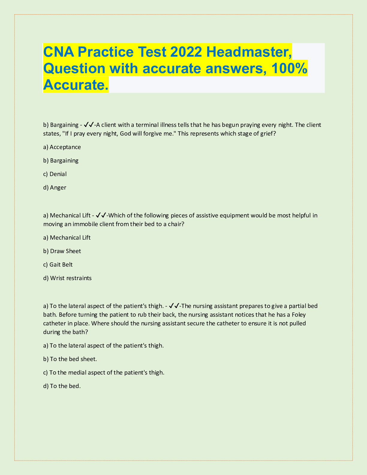 CNA Practice Test 2022 Headmaster| 91 questions| with complete ...