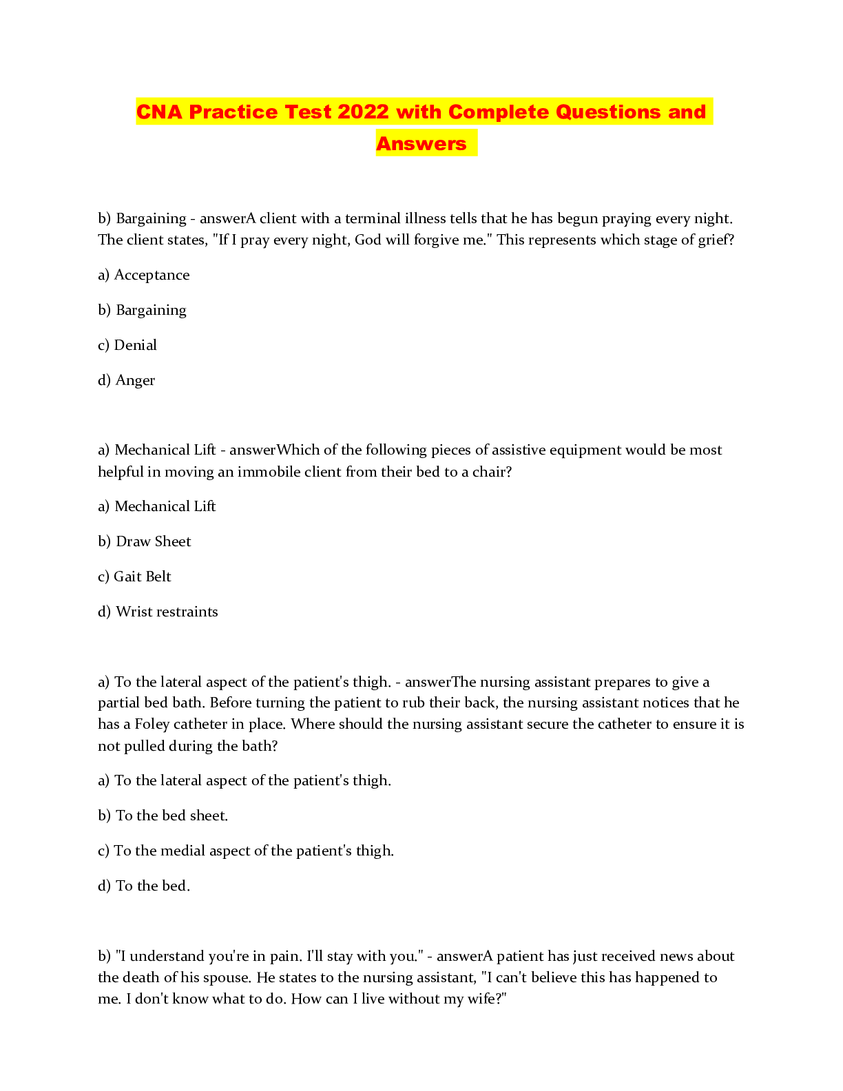 CNA Practice Test 2022 with Complete Questions and Answers - Scholarfriends