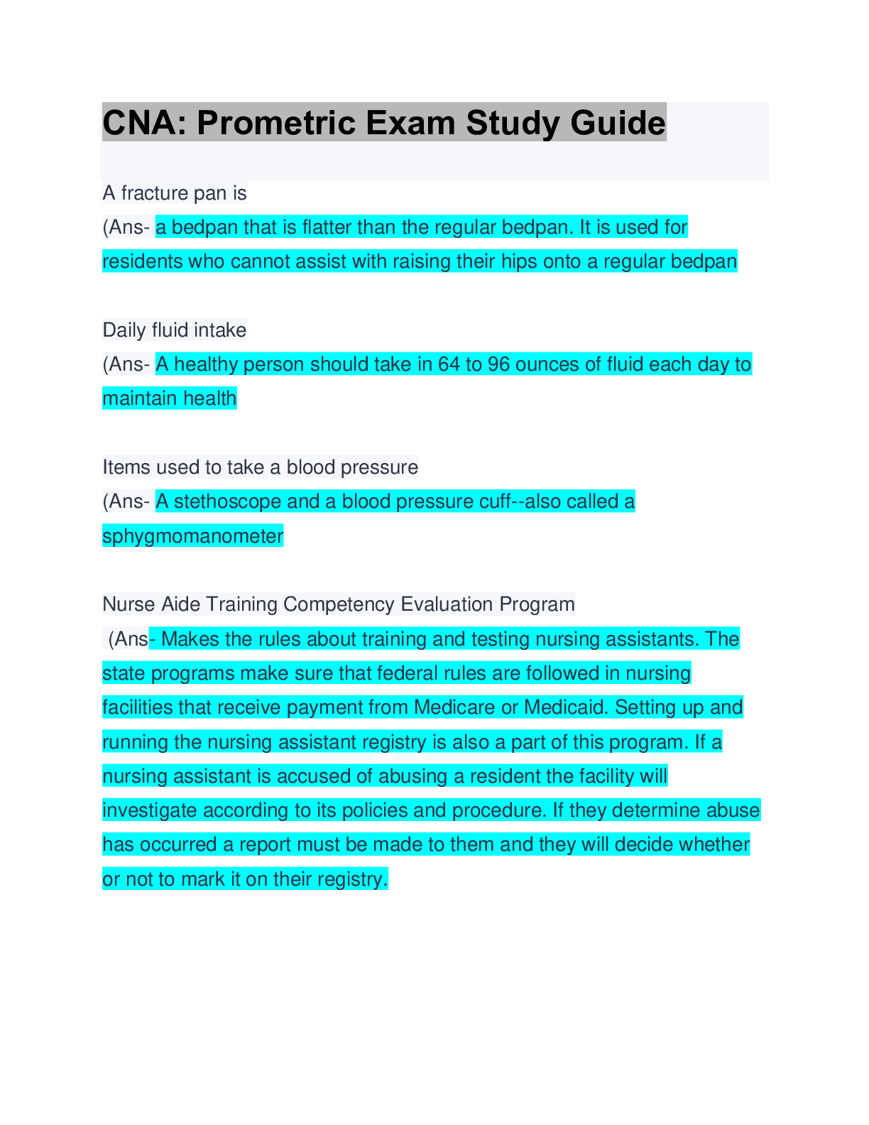 CNA: Prometric Exam Study Guide: Questions & Answers: A+ Score Solution ...