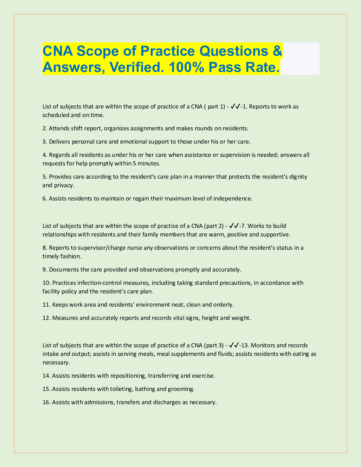 CNA Scope of Practice Questions & Answers, Verified. 100% Pass Rate ...