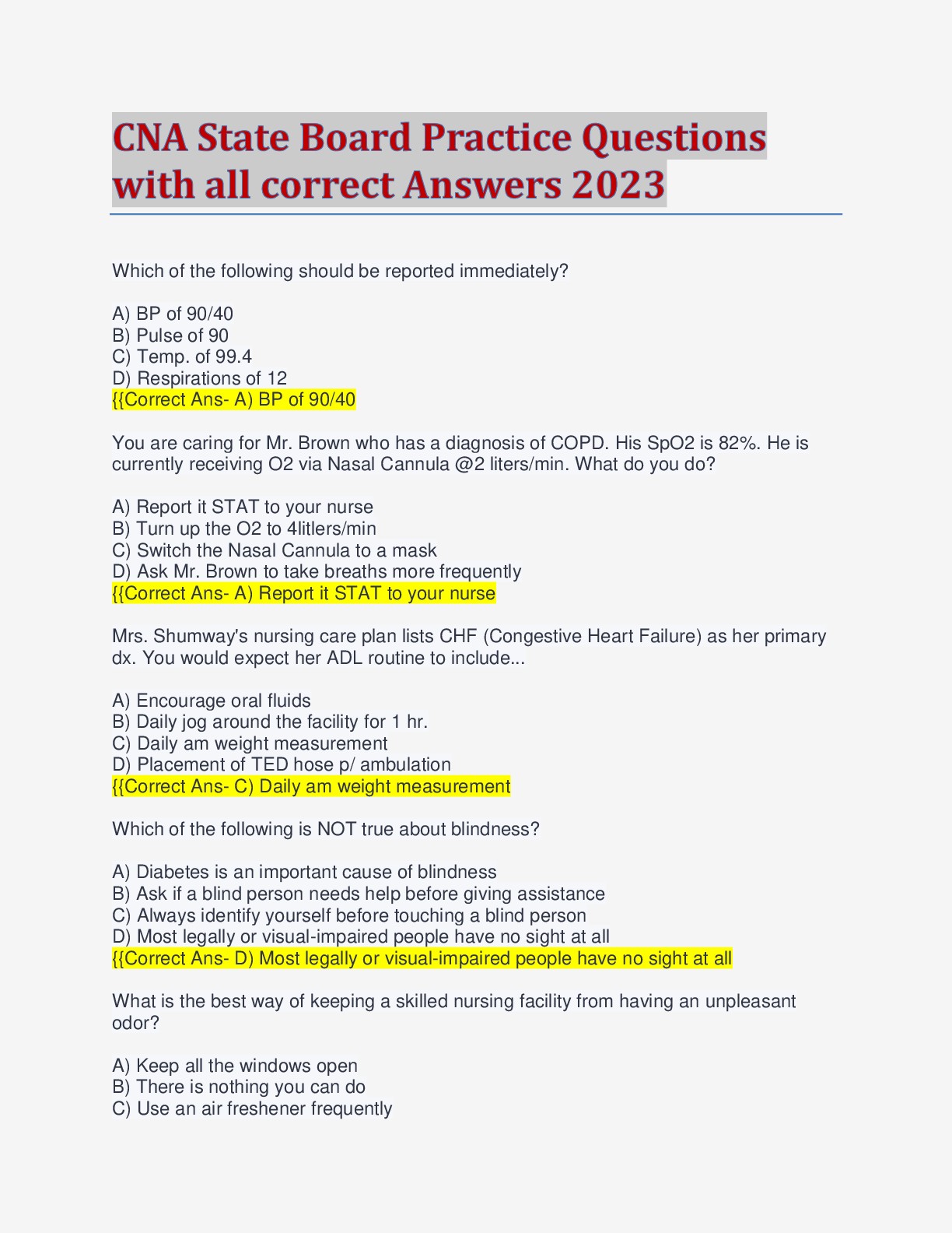 CNA State Board Practice Questions with all correct Answers 2023 ...