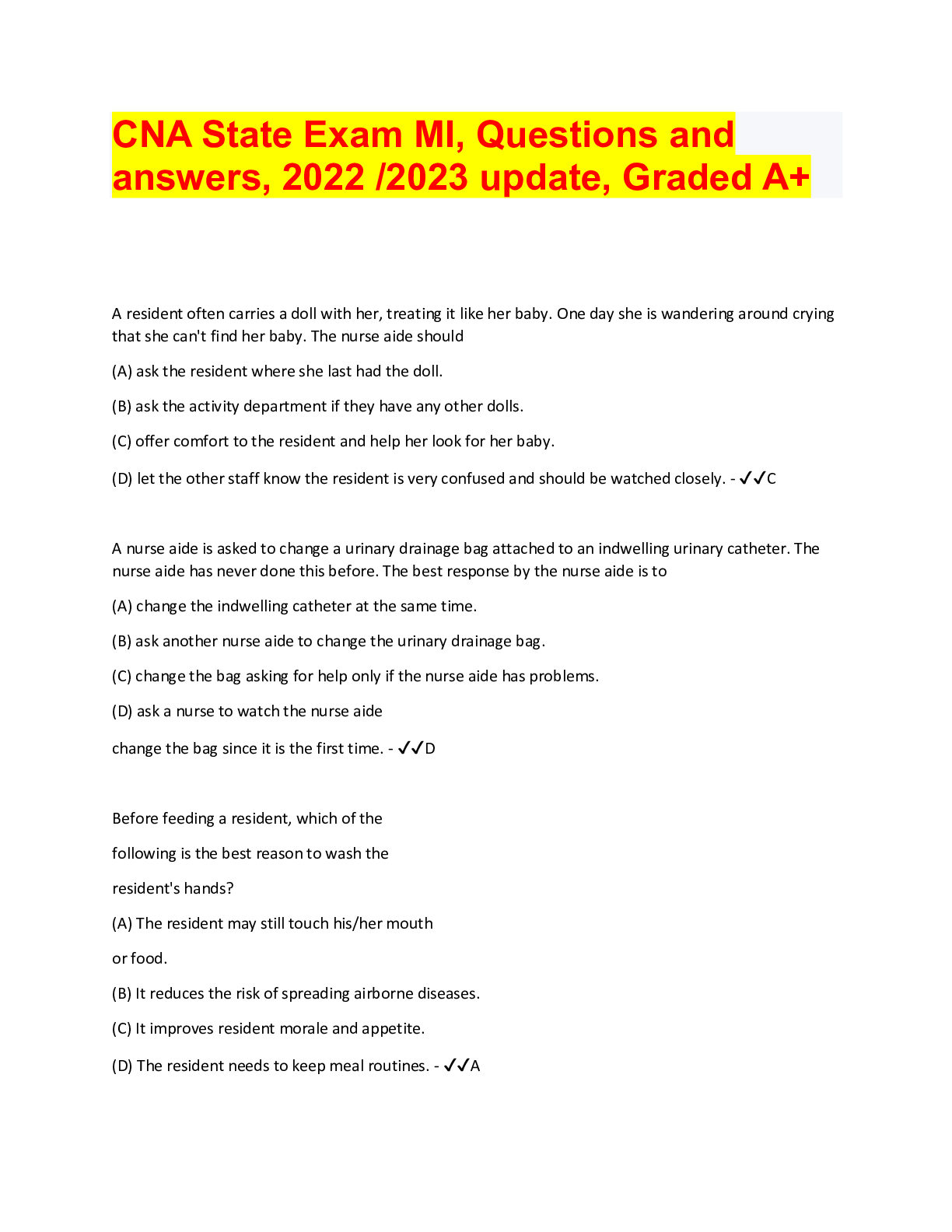 CNA State Exam MI, Questions and answers, 2022 /2023 update, Graded A+ ...