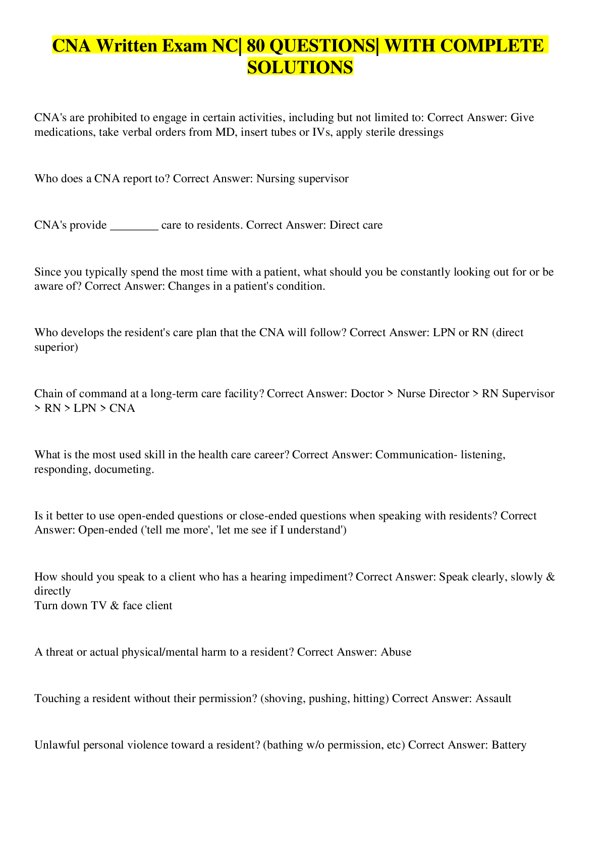 CNA Written Exam NC| 80 QUESTIONS| WITH COMPLETE SOLUTIONS - Scholarfriends