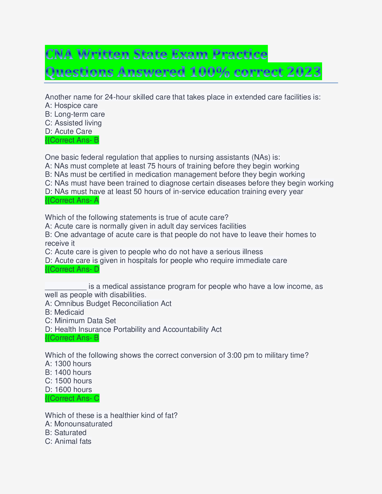 CNA Written State Exam Practice Questions Answered 100% correct 2023 ...