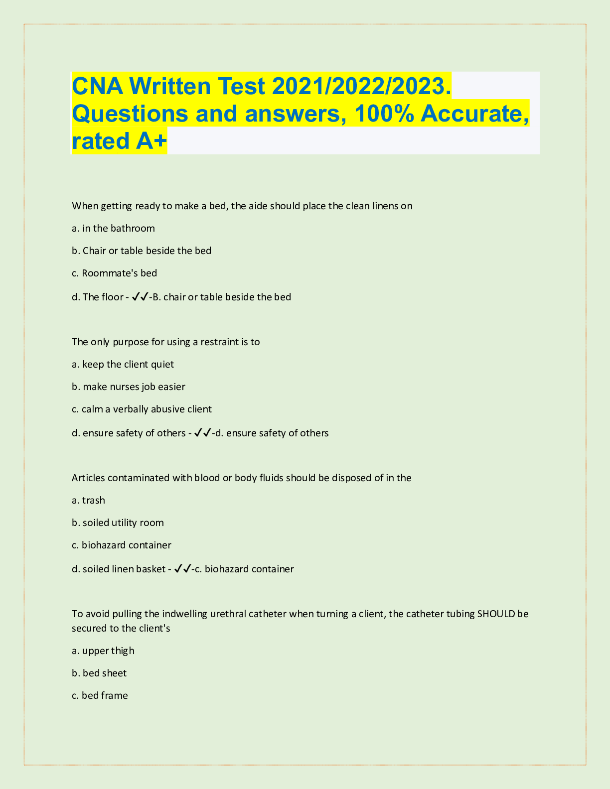 CNA Written Test 2021 Questions And Answers( With Complete Top Solution ...