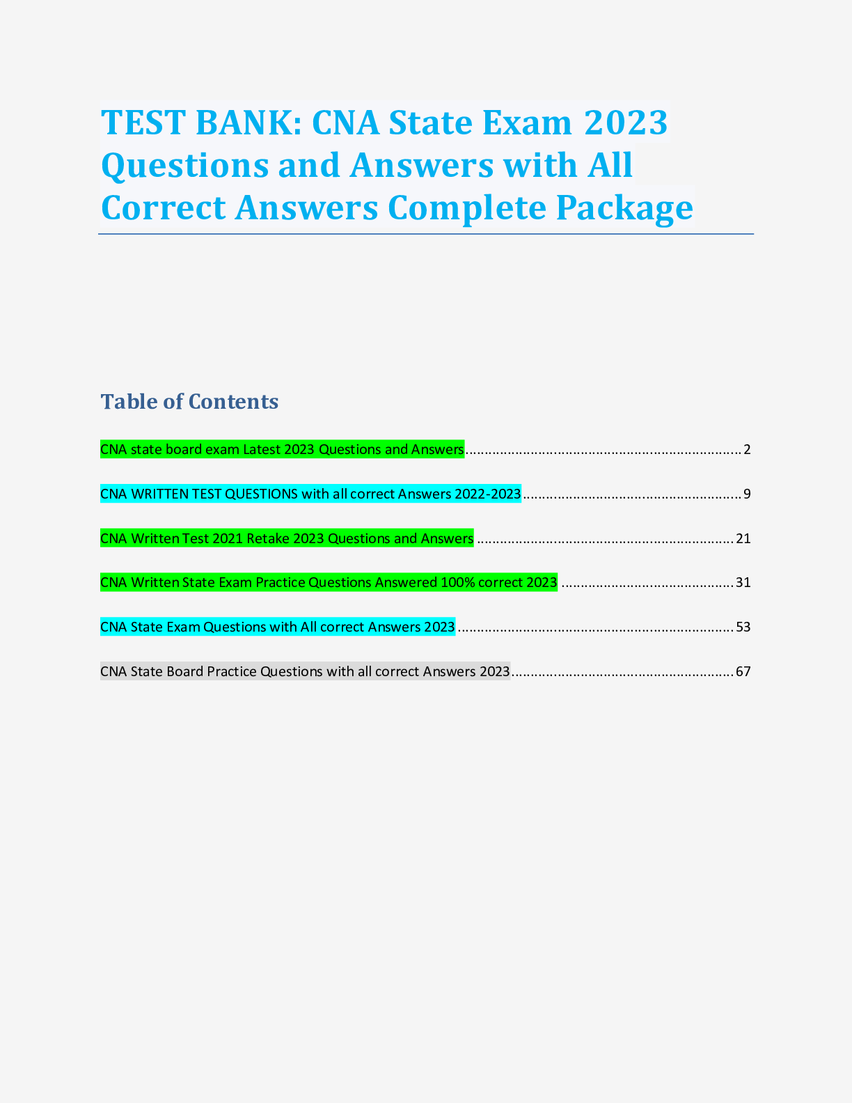 TEST BANK: CNA State Exam 2023 Questions and Answers with All Correct ...