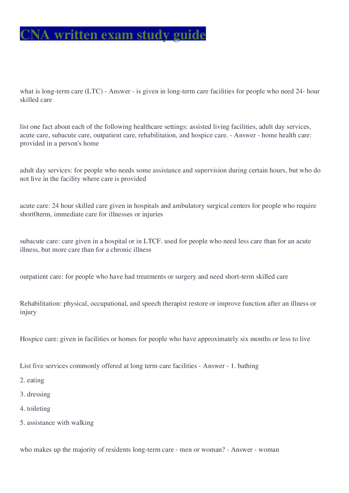 CNA written exam study guide Q&A 2022 - Scholarfriends