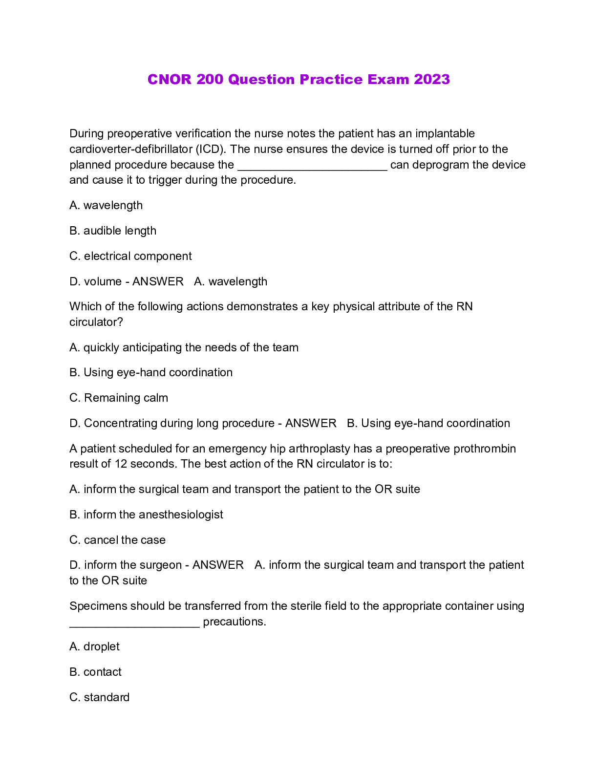 CNOR 200 Question Practice Exam 2023 - Scholarfriends