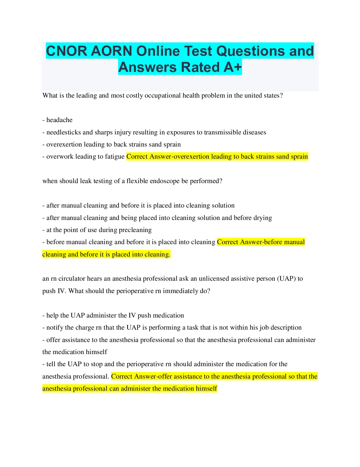 CNOR AORN Online Test Questions and Answers Rated A+ - Scholarfriends