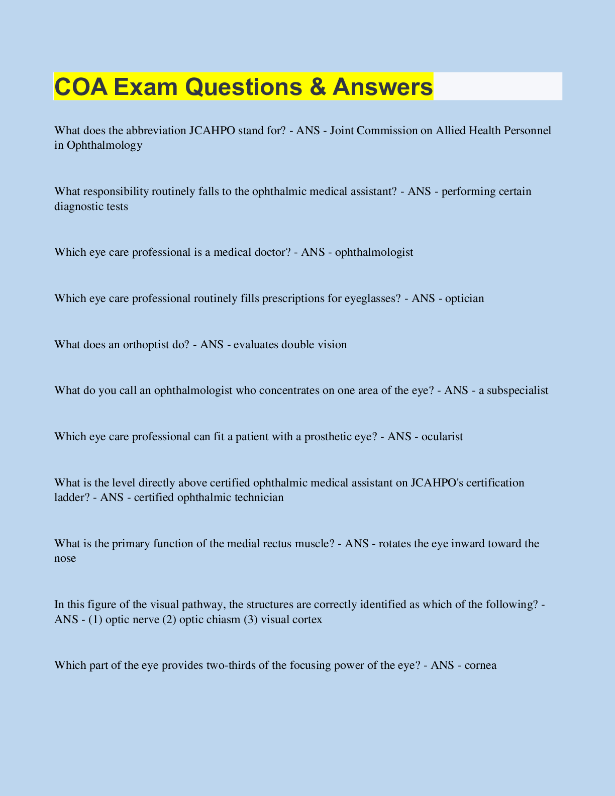 COA Exam Questions & Answers | 240 Questions with 100% Correct Answers ...