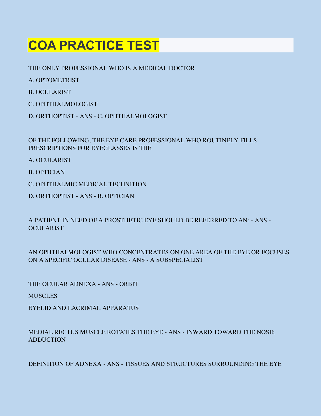 COA PRACTICE TEST | 50 Questions with 100% Correct Answers | Verified ...