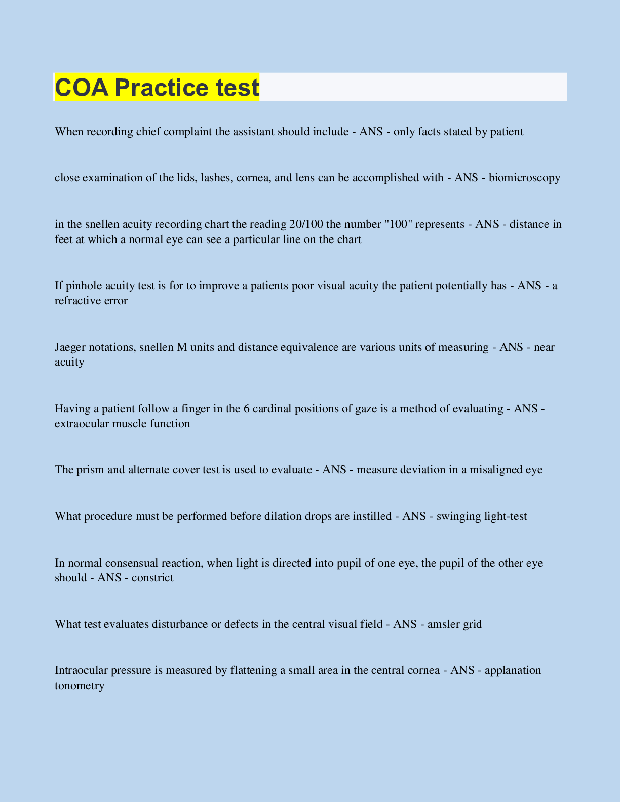 COA Practice test - Scholarfriends